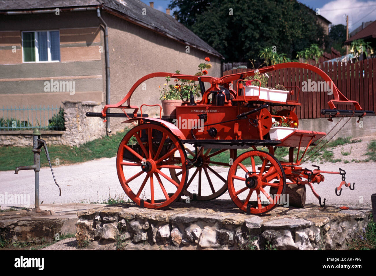An old red plough on display in the town of Silica in eastern Slovakia ...