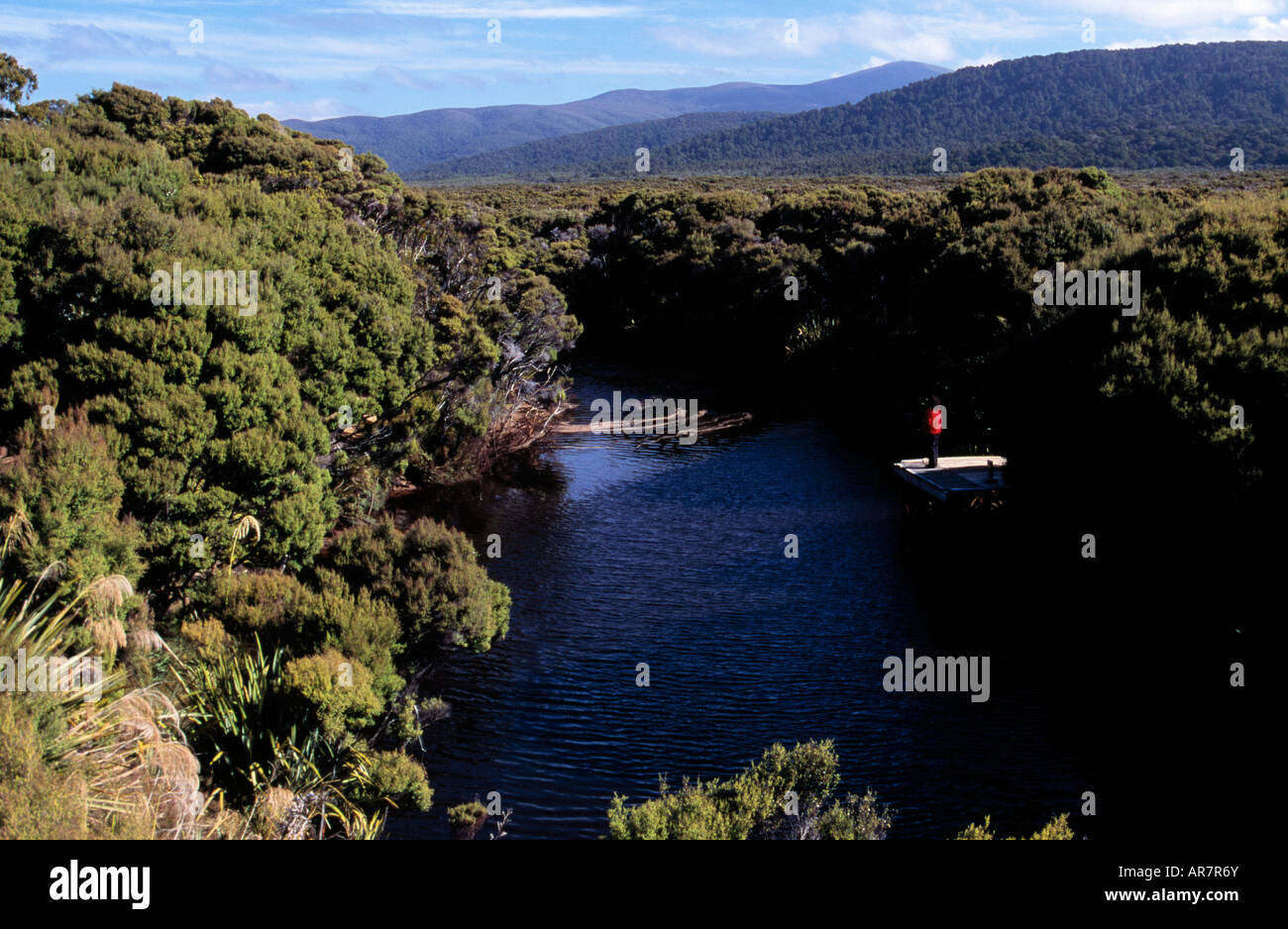 Hiker on dock, Freshwater Hut landing, Stewart Island, Rakiura National ...