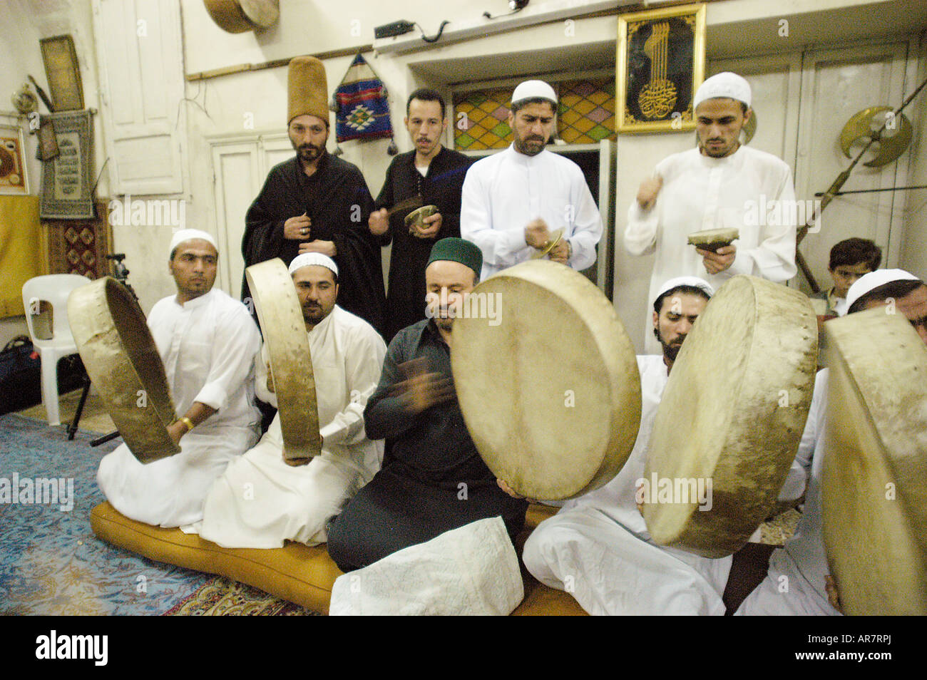 Sufi musicians playing at religious ceremony in Aleppo Syria Stock ...