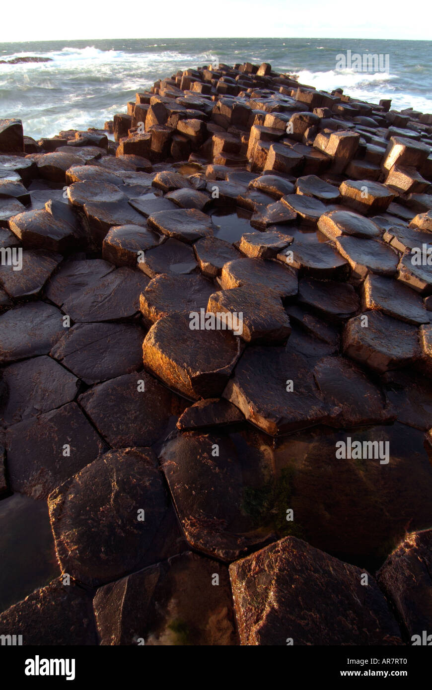 Close up of the hexagonal shaped basalt columns at the Giant's Causeway ...