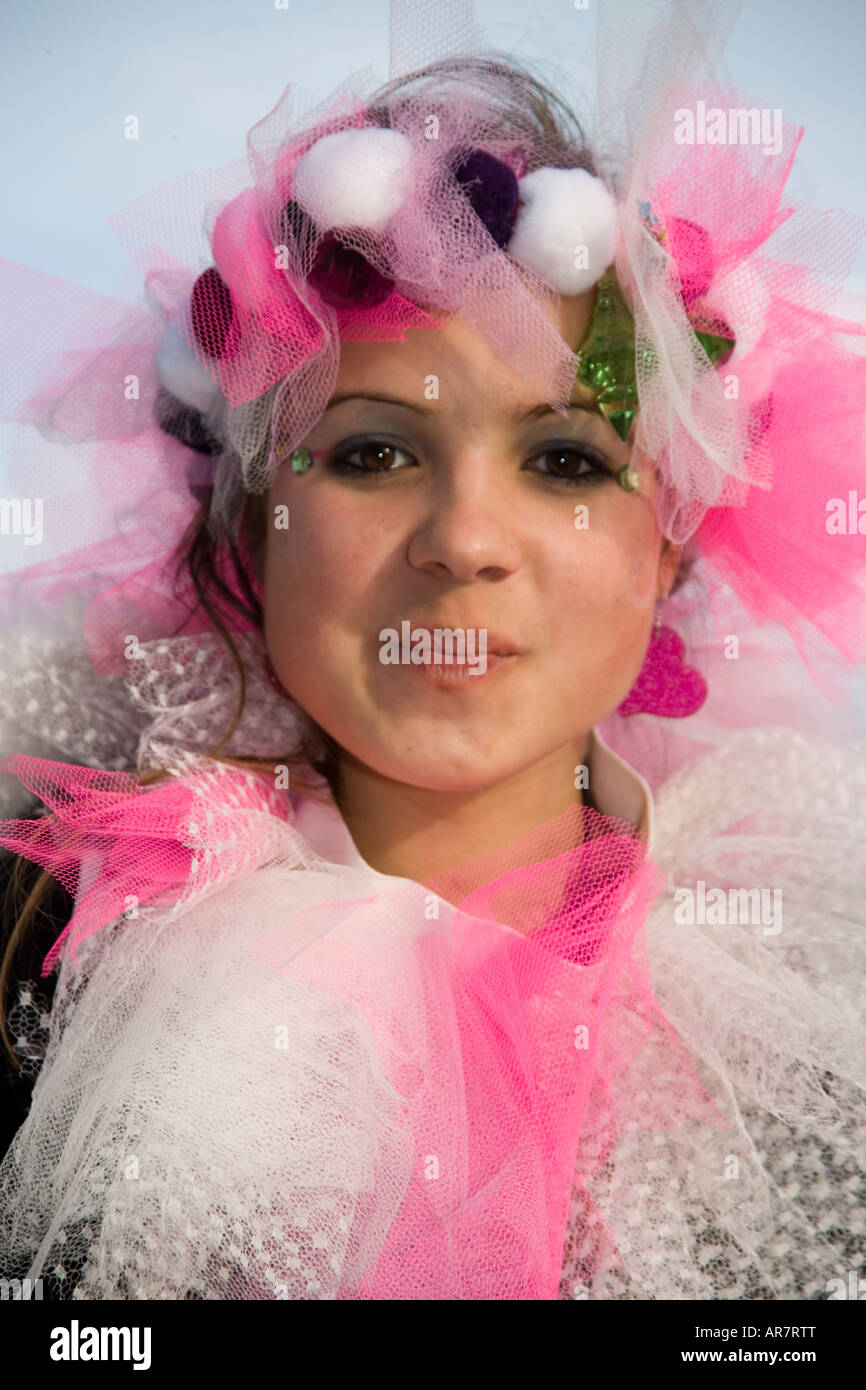 Woman in pink dress costume at the venice carnival hi-res stock ...