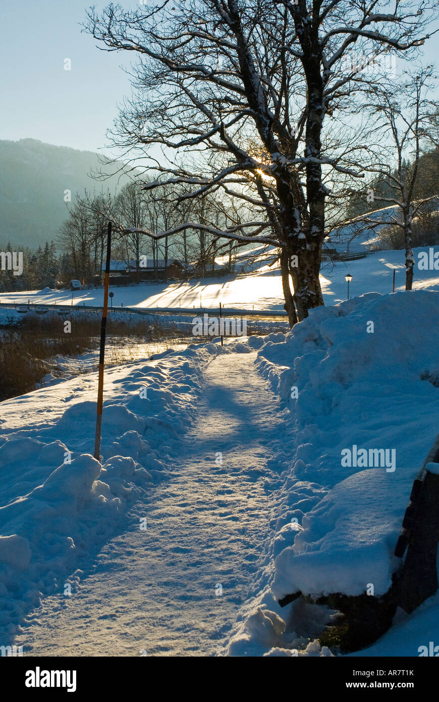 Snowy way at sunset, Hintersee, Germany, Europe Stock Photo - Alamy