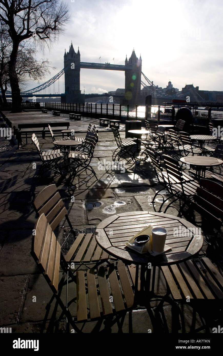 Tower Bridge from Tower of London Cafe north bank of Thames Stock Photo ...