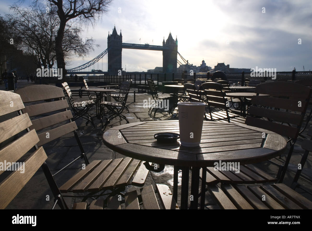 Tower Bridge from Tower of London Cafe north bank of Thames Stock Photo ...