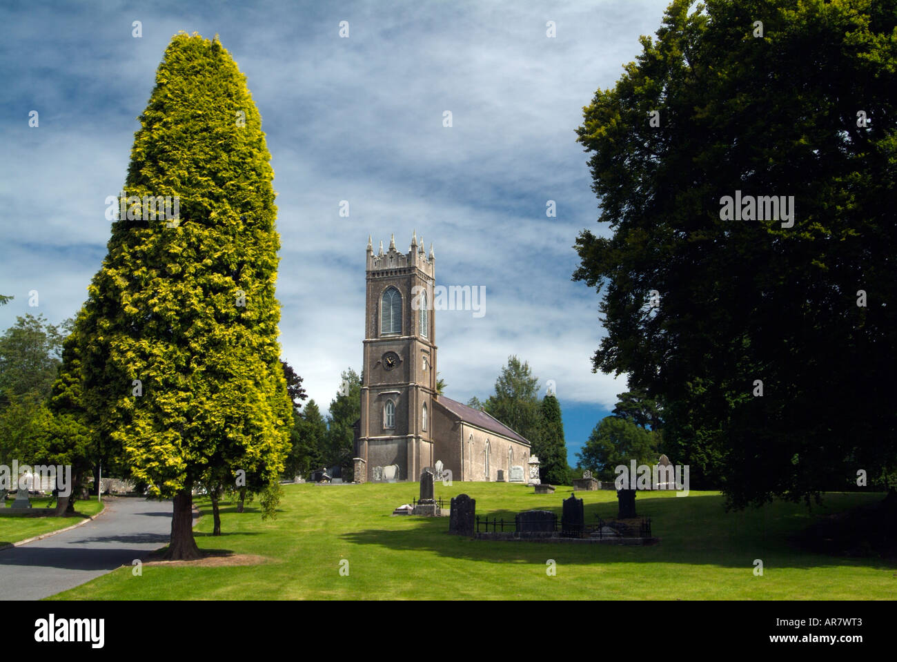 Blue sky and white clouds over a traditional protestant church ...