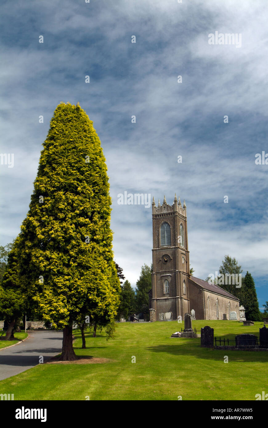 Blue sky and white clouds over a traditional protestant church ...
