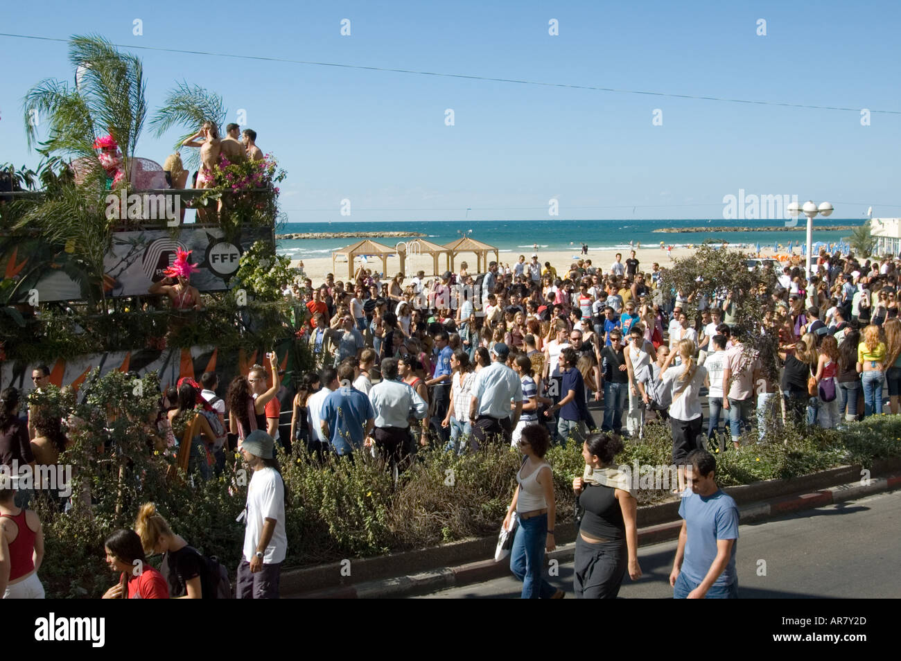The crowd at the Tel Aviv Love Parade on the beach front October 2005 ...