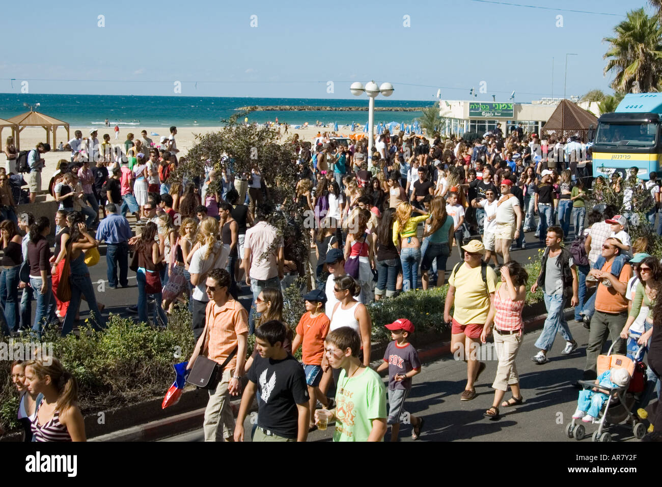The crowd at the Tel Aviv Love Parade on the beach front October 2005 ...