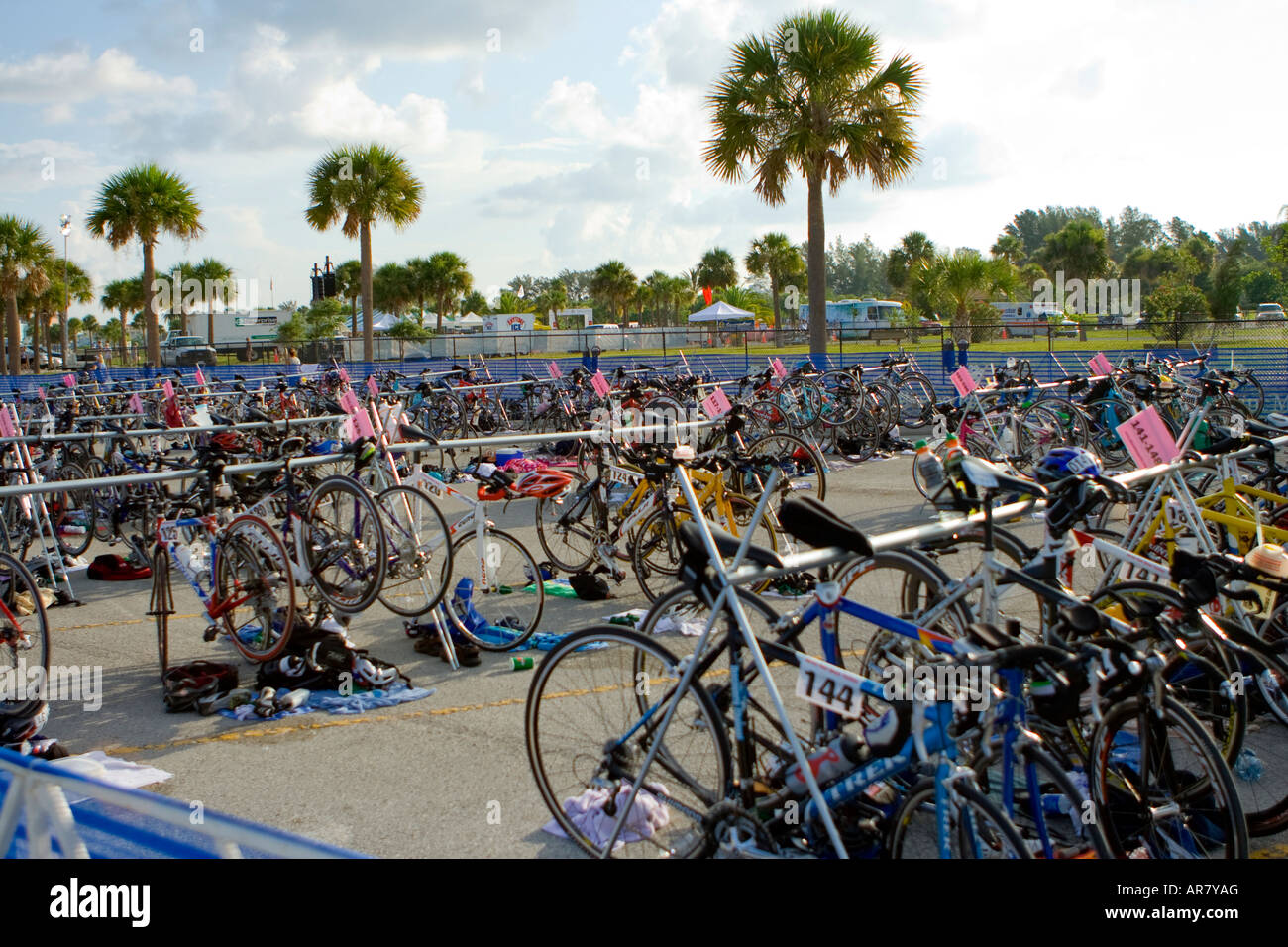 Triathlete Bicycles in Transition Area Stock Photo - Alamy