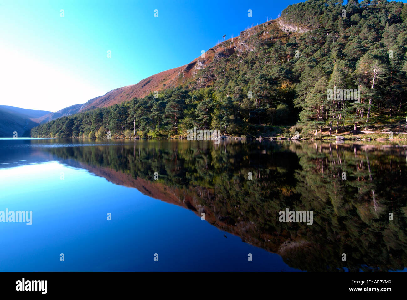 Clear blue sky over the upperlake at Glendalough, County Wicklow ...