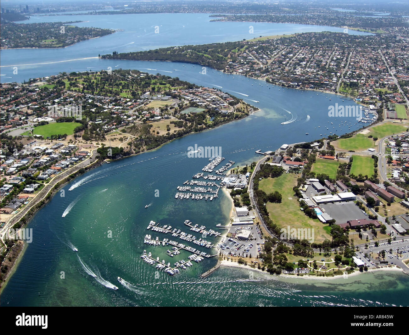 Aerial view over Perth Australia looking across the Swan river to the ...