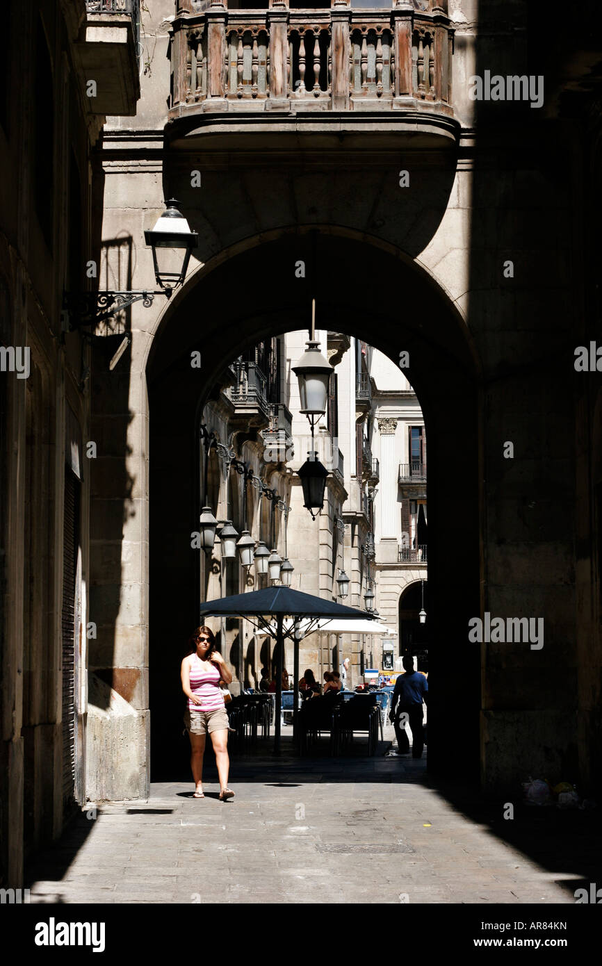 Street scene in Barcelona Spain with traditional architecture, an arch ...