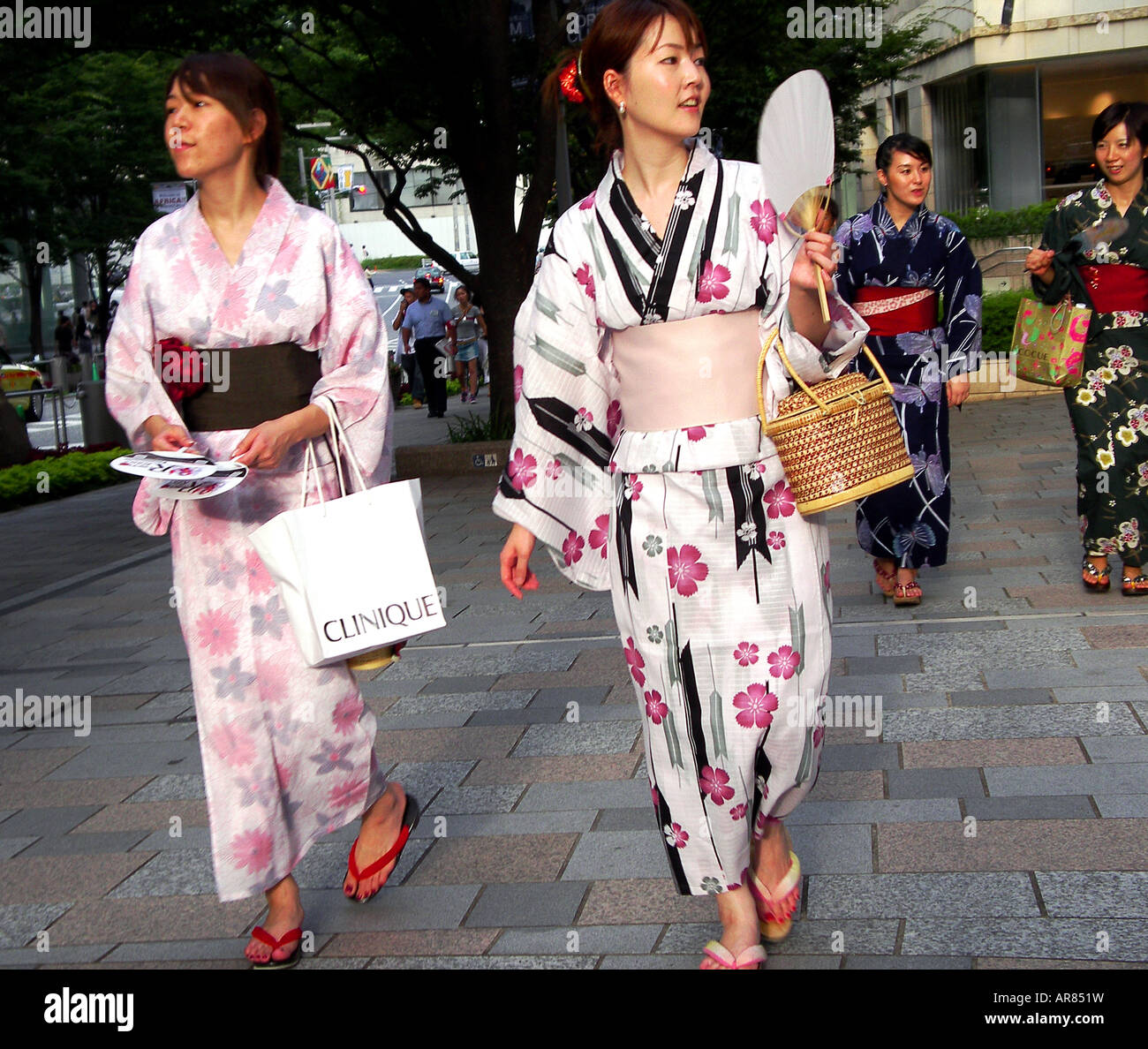 Girls dressed in fashionable ‘Summer Yukata,’ in central Tokyo Stock ...