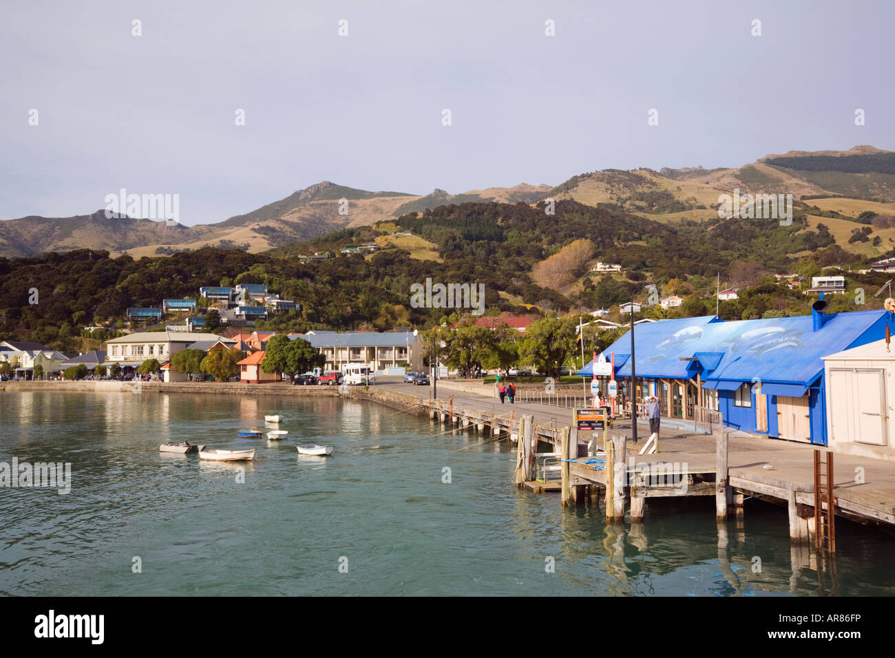 Akaroa South Island New Zealand Main wharf in harbour in Bay Stock ...