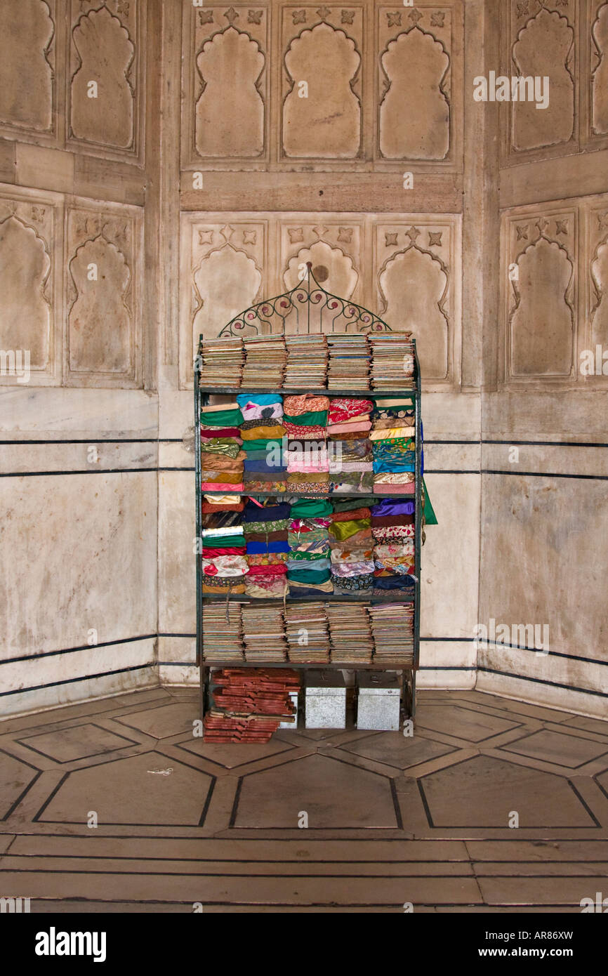 Folded prayer cloths in Jama Masjid Mosque, Old Delhi, India Stock ...