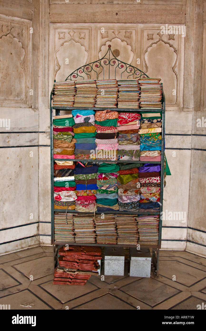 Folded prayer cloths in Jama Masjid Mosque, Old Delhi, India Stock ...