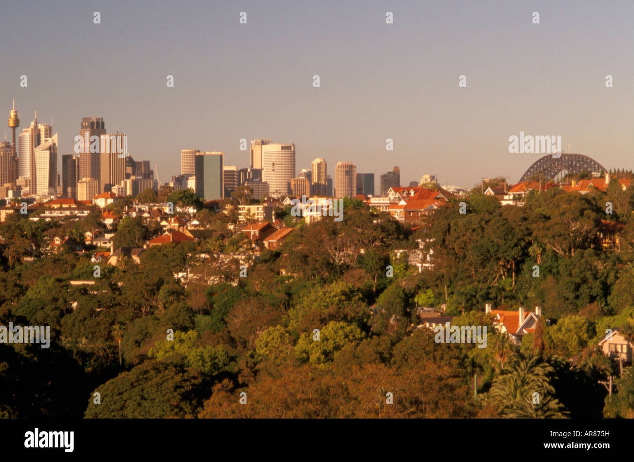 Sydney city skyline including Harbour Bridge from suburb of Mosman ...