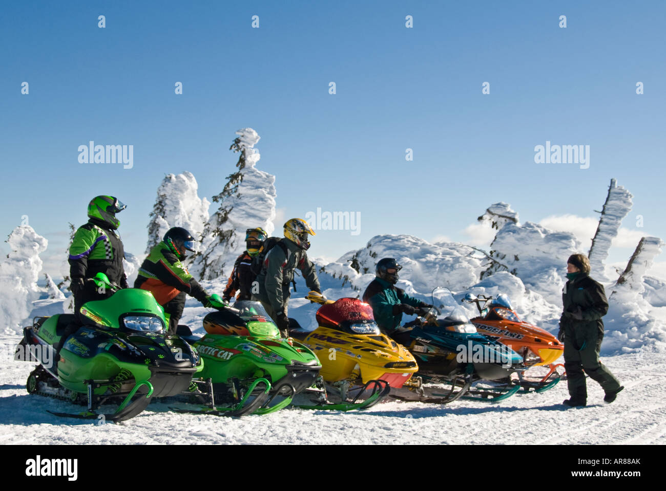 Snowmobiles parked on the summit, Two Top Loop Trail, West Yellowstone ...