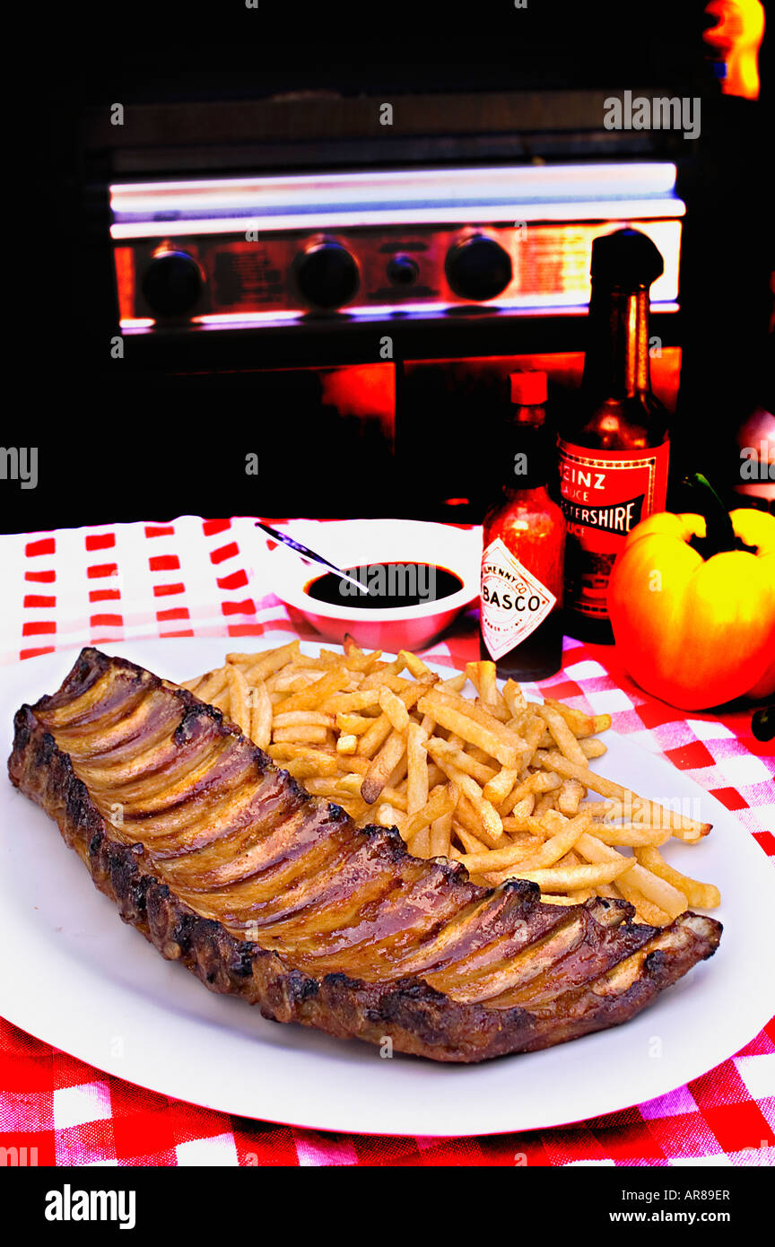 Glazed baby back ribs served with French fries Stock Photo - Alamy
