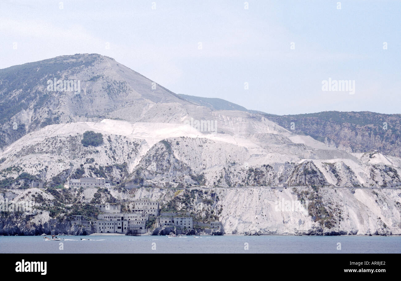 Pumice stone quarry mine on the volcanic island of Lipari, one of the ...