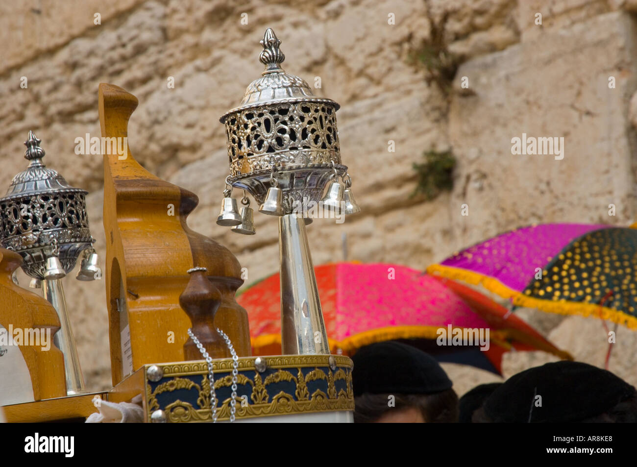 Israel Jerusalem Western Wall close up of the top of a Thora scroll ...