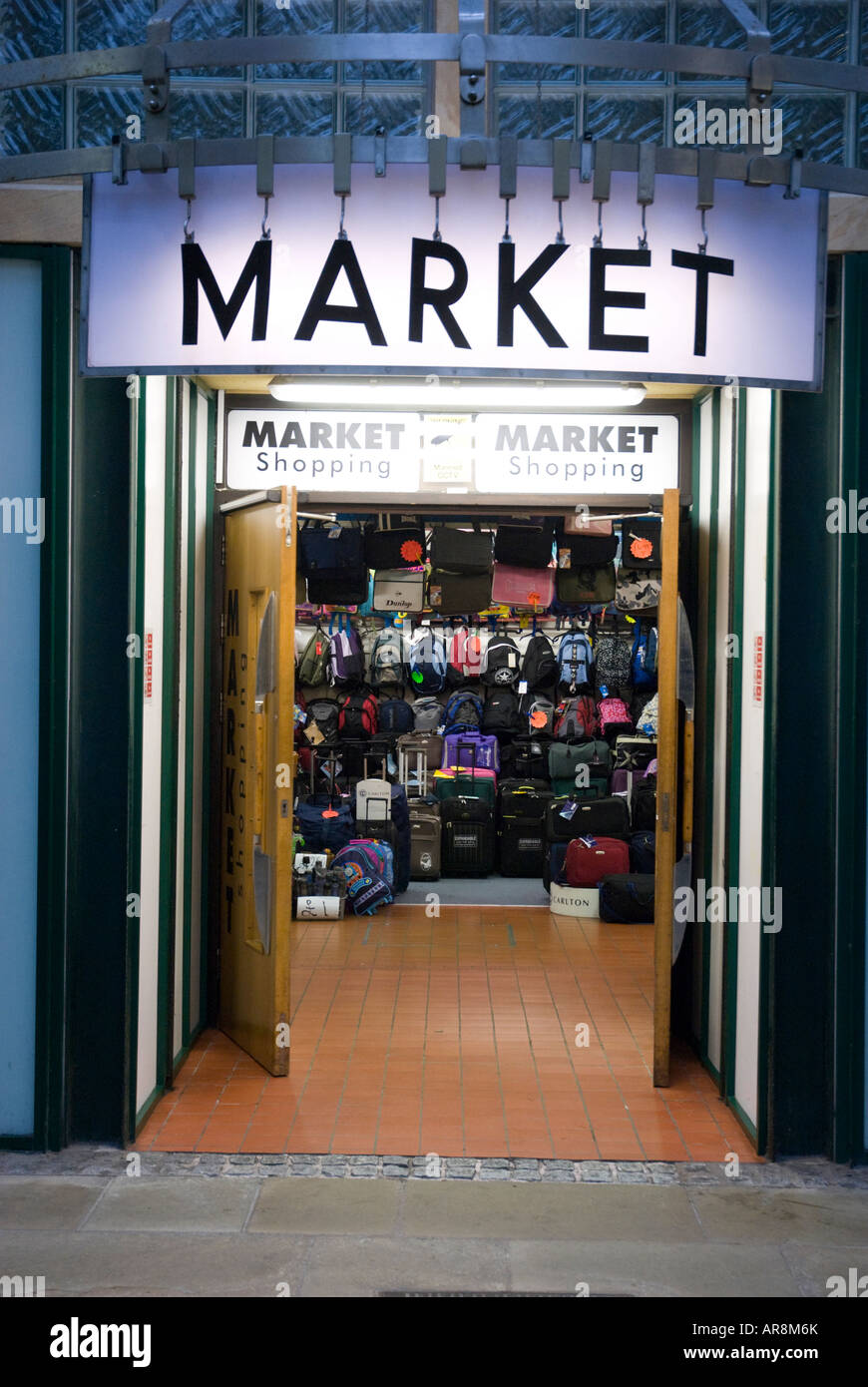 Market door with bags showing Stock Photo - Alamy