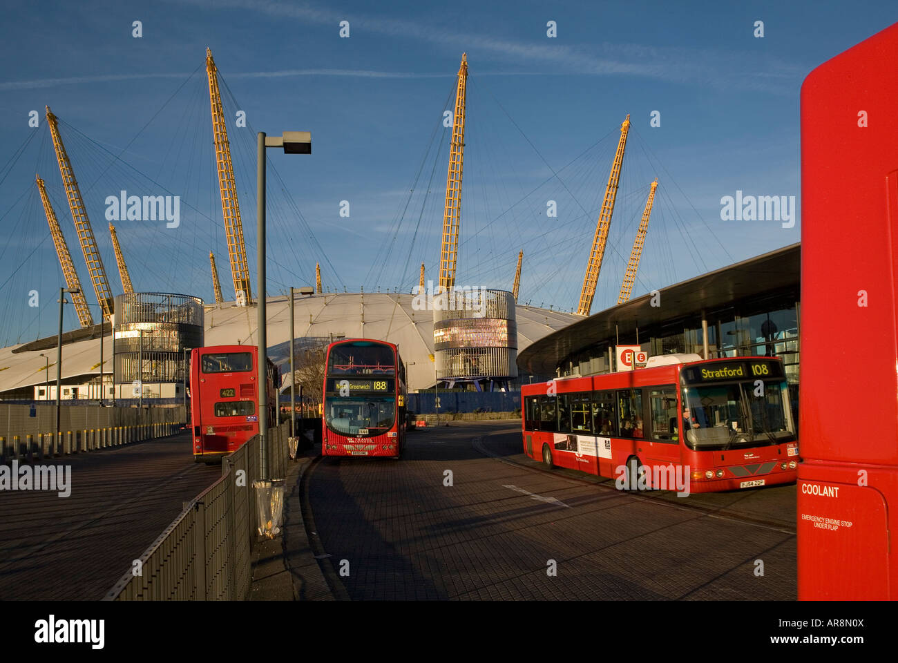 red london buses outside North Greenwich tube station, Millennium Dome ...