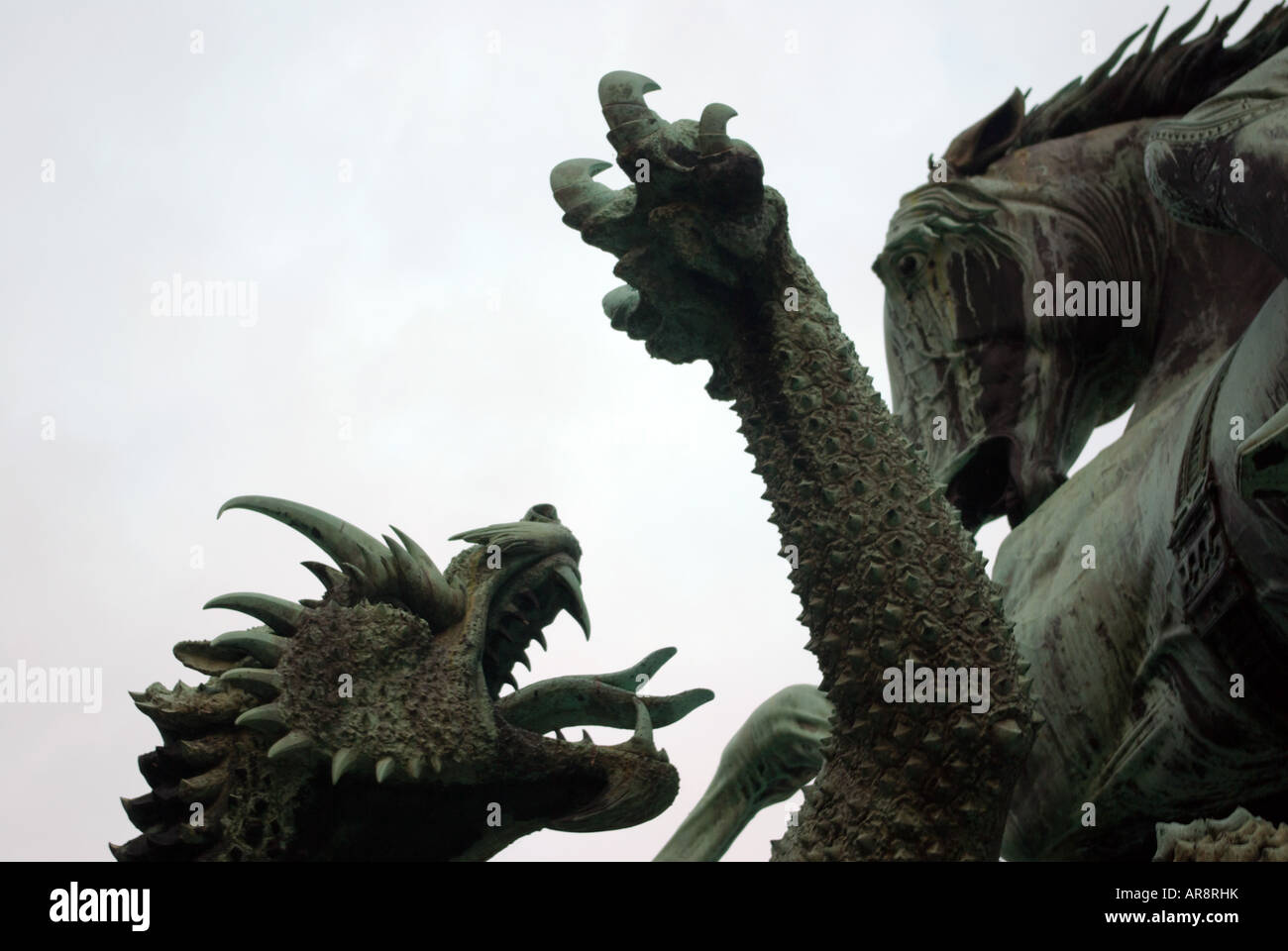 Nikolaiviertel, sculpture of St. George and the dragon showing detail ...