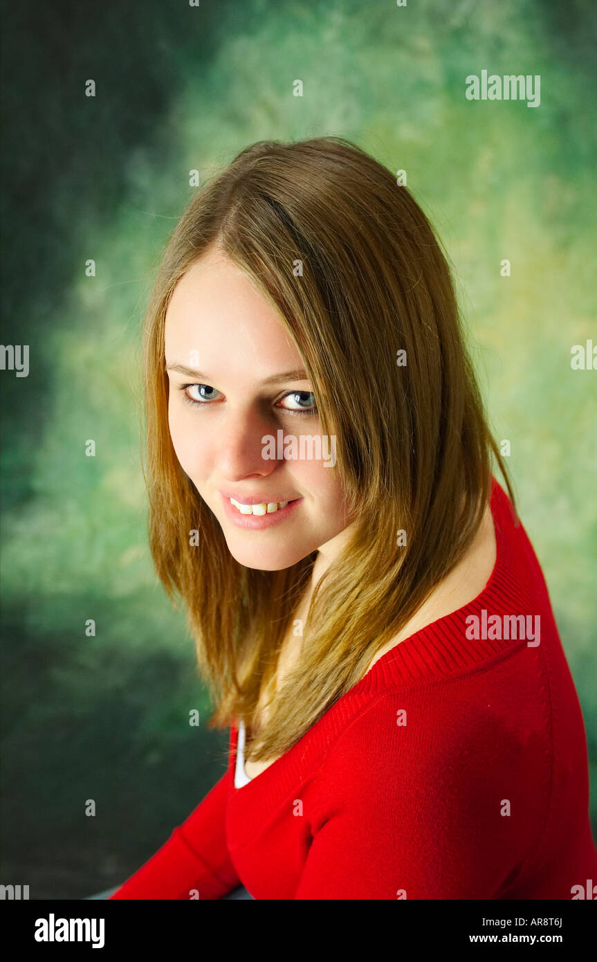 Young woman (caucasian 19 years old) smiling and looking up Stock Photo ...