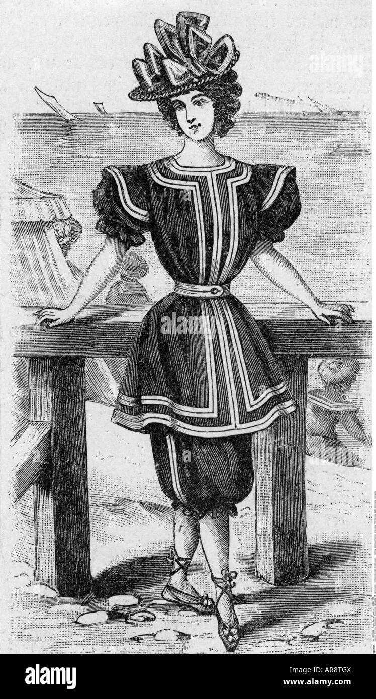 bathing, swimwear fashion, engraving, 19th century, bath, swimming ...