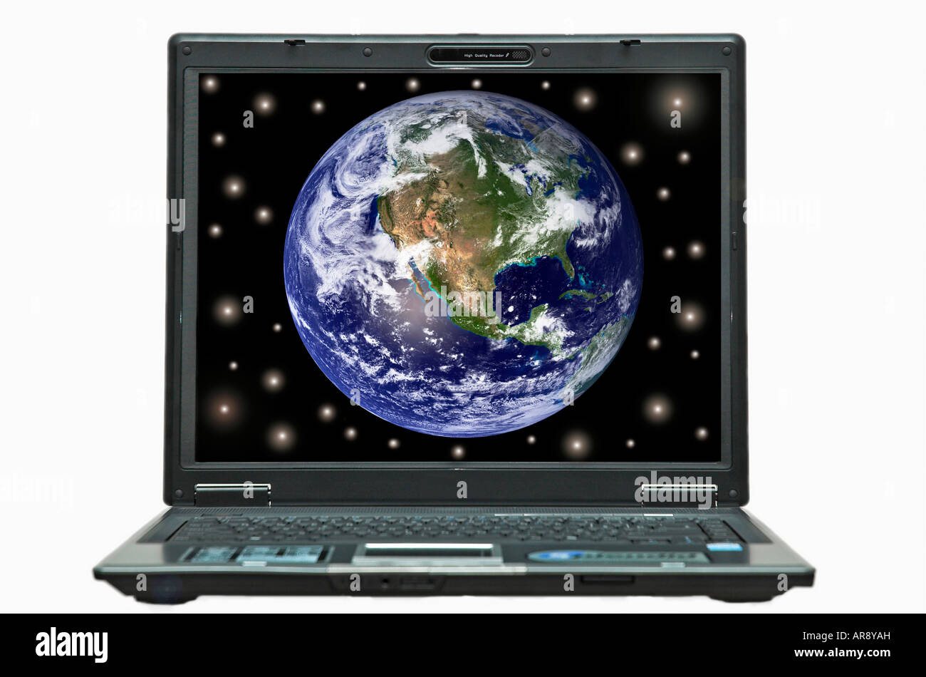 Laptop computer with globe on computer screen digital composite Stock ...