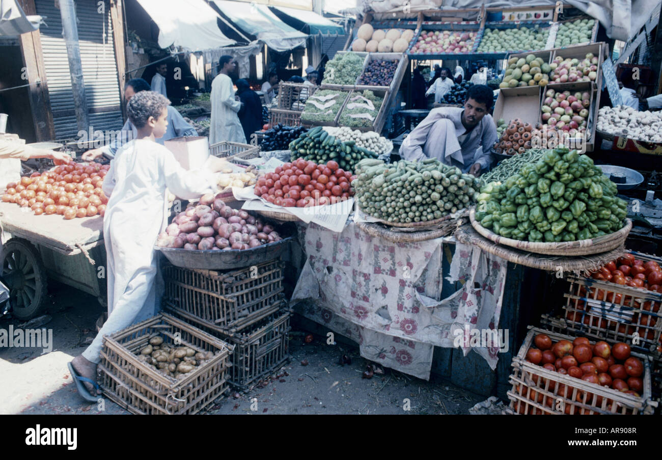 A stall selling fruit and vegetables in the market in Aswan Egypt Stock ...