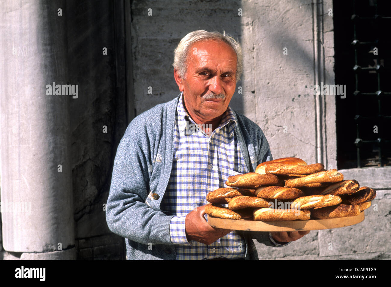 Local man selling bread with colorful scene in Istanbul Turkey Stock ...