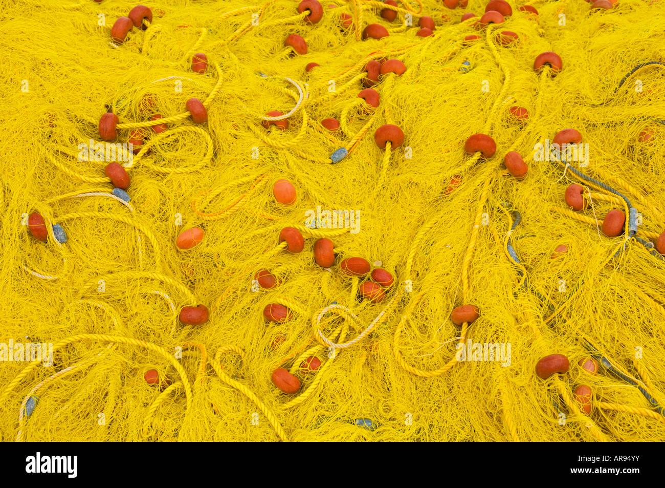 Closeup detail of yellow fishing nets at Finikouda Messinia Peloponesse ...