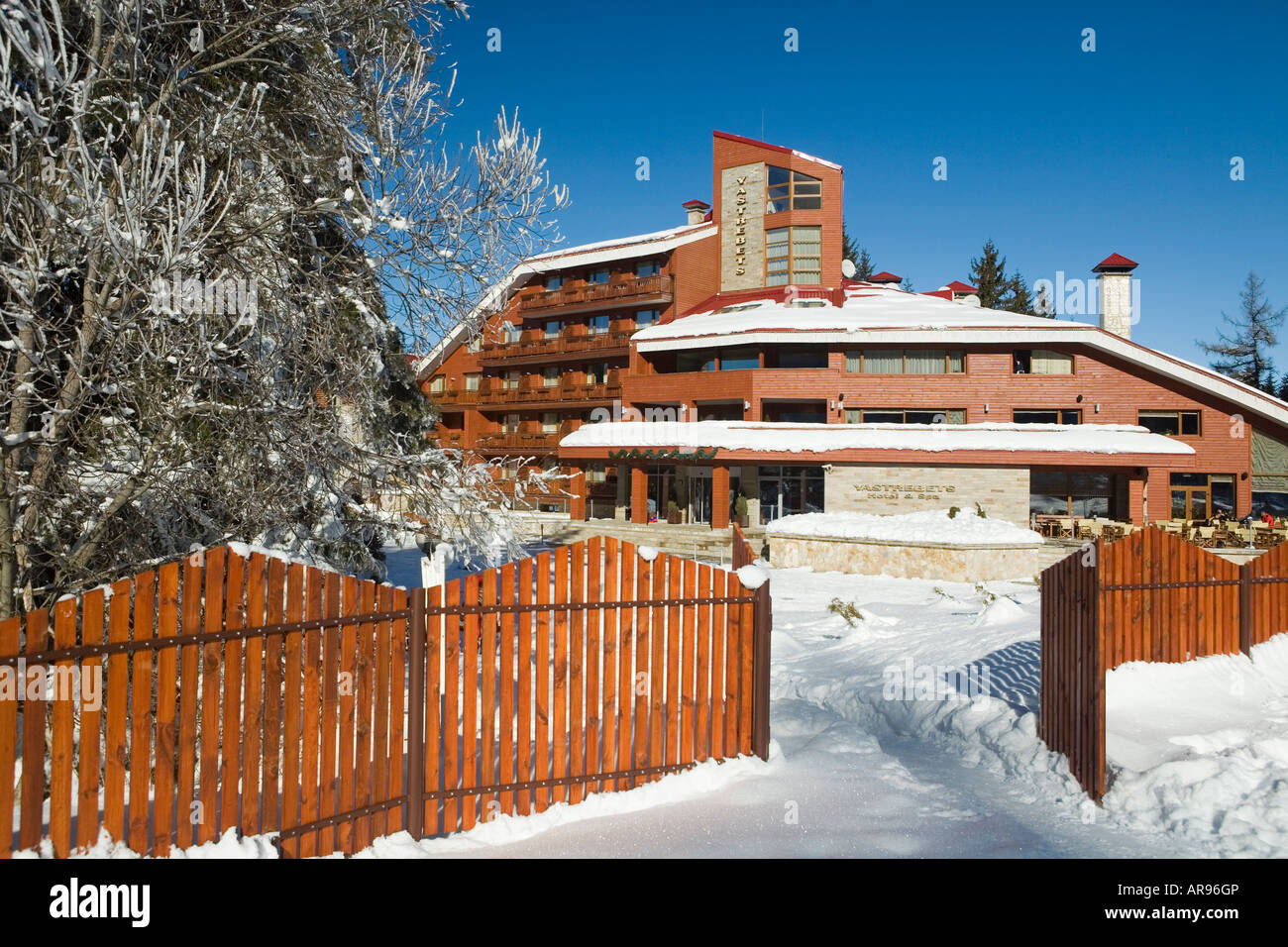 Winter scene, Ski resort Borovetz architecture Rila mountain Balkans ...