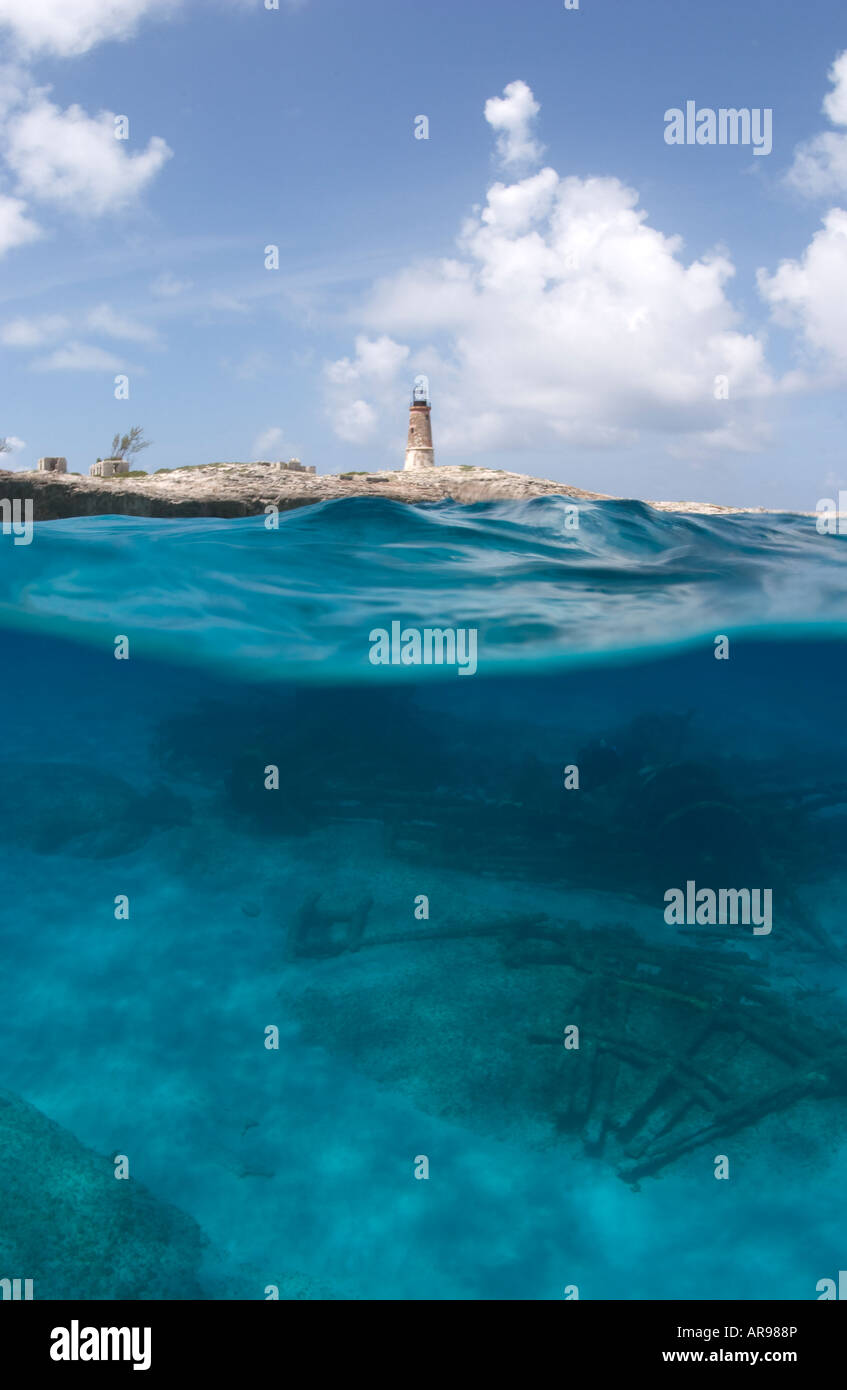 Under over divers on paddlewheelt shipwreck Elbow Cay lighthouse Cay ...