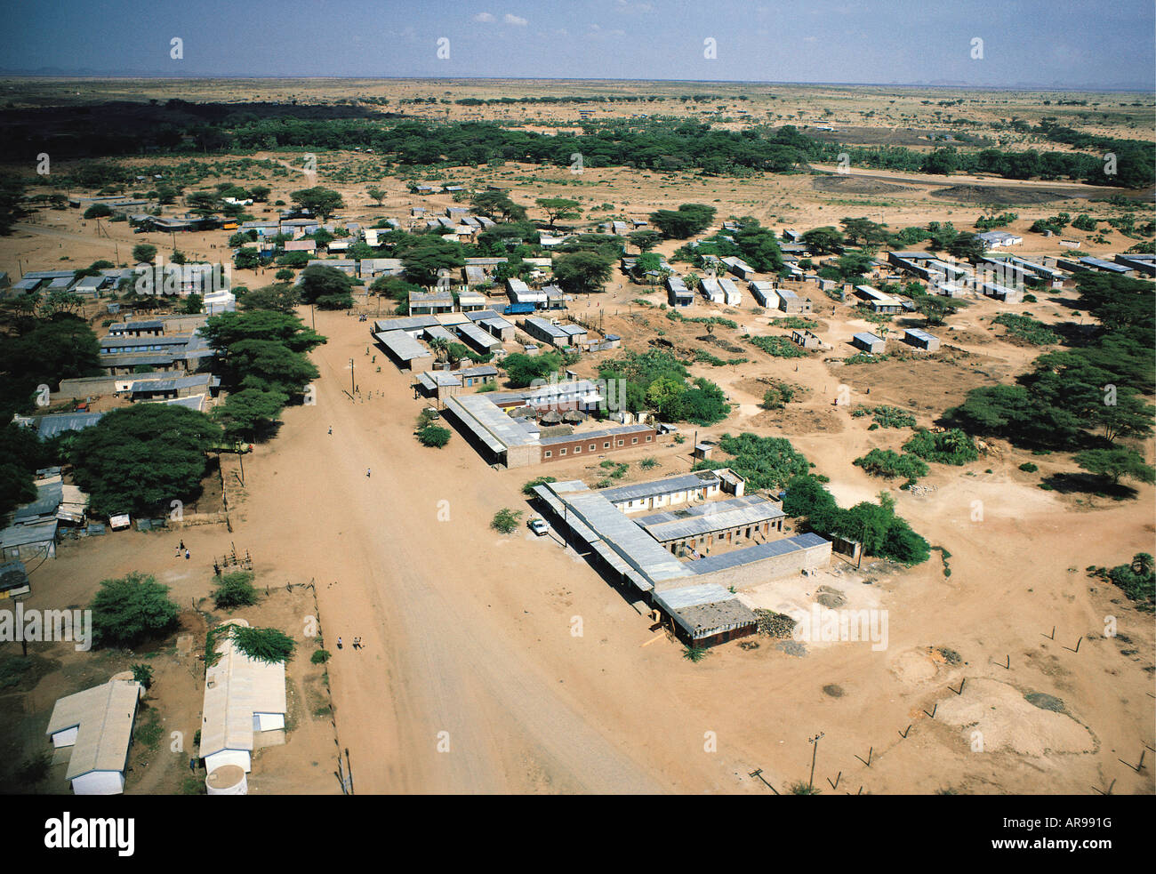 Aerial view of main street of Lodwar town in northern Kenya East Africa ...