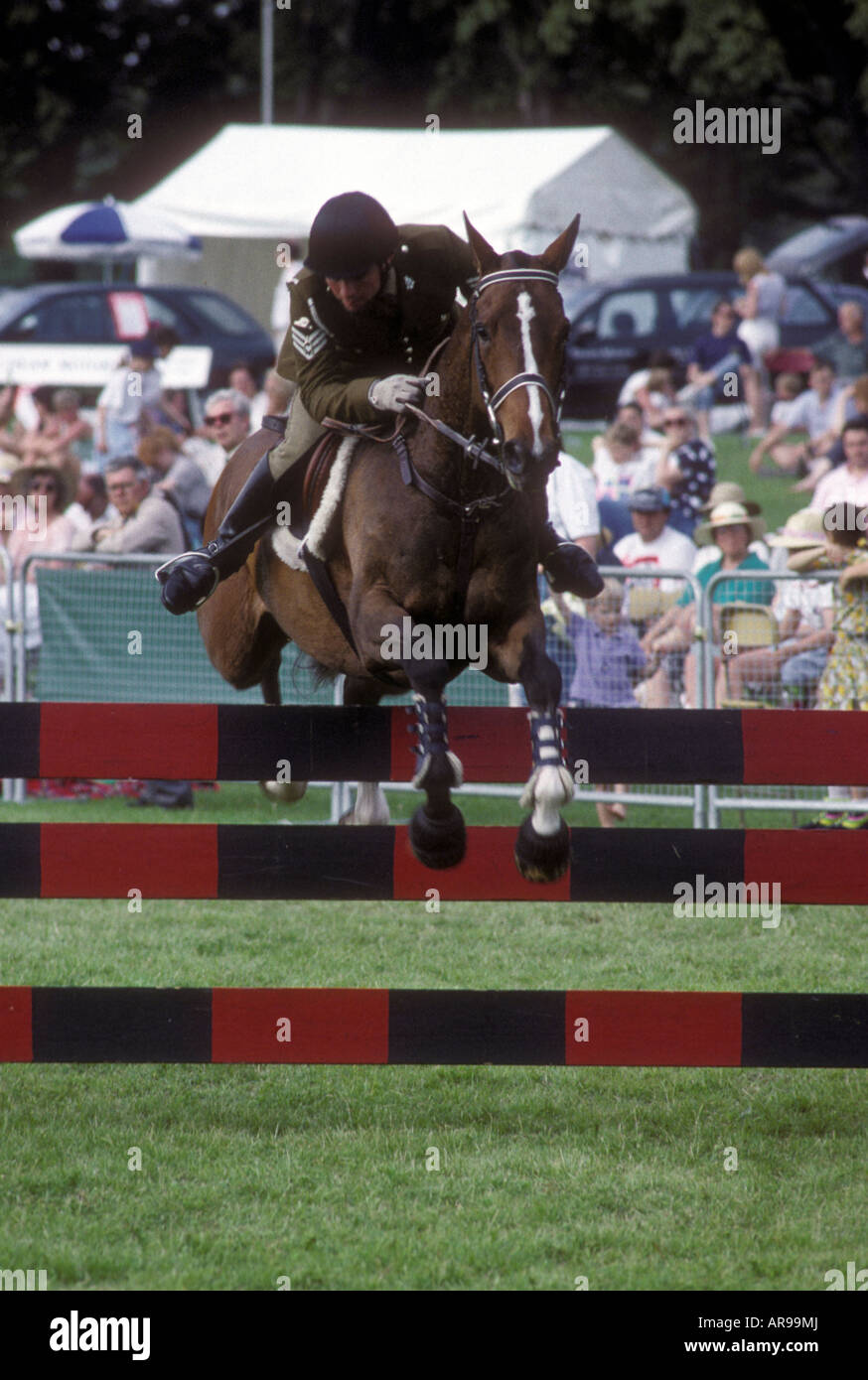 Horse clearing a jump at the Royal Richmond horse Show Stock Photo - Alamy