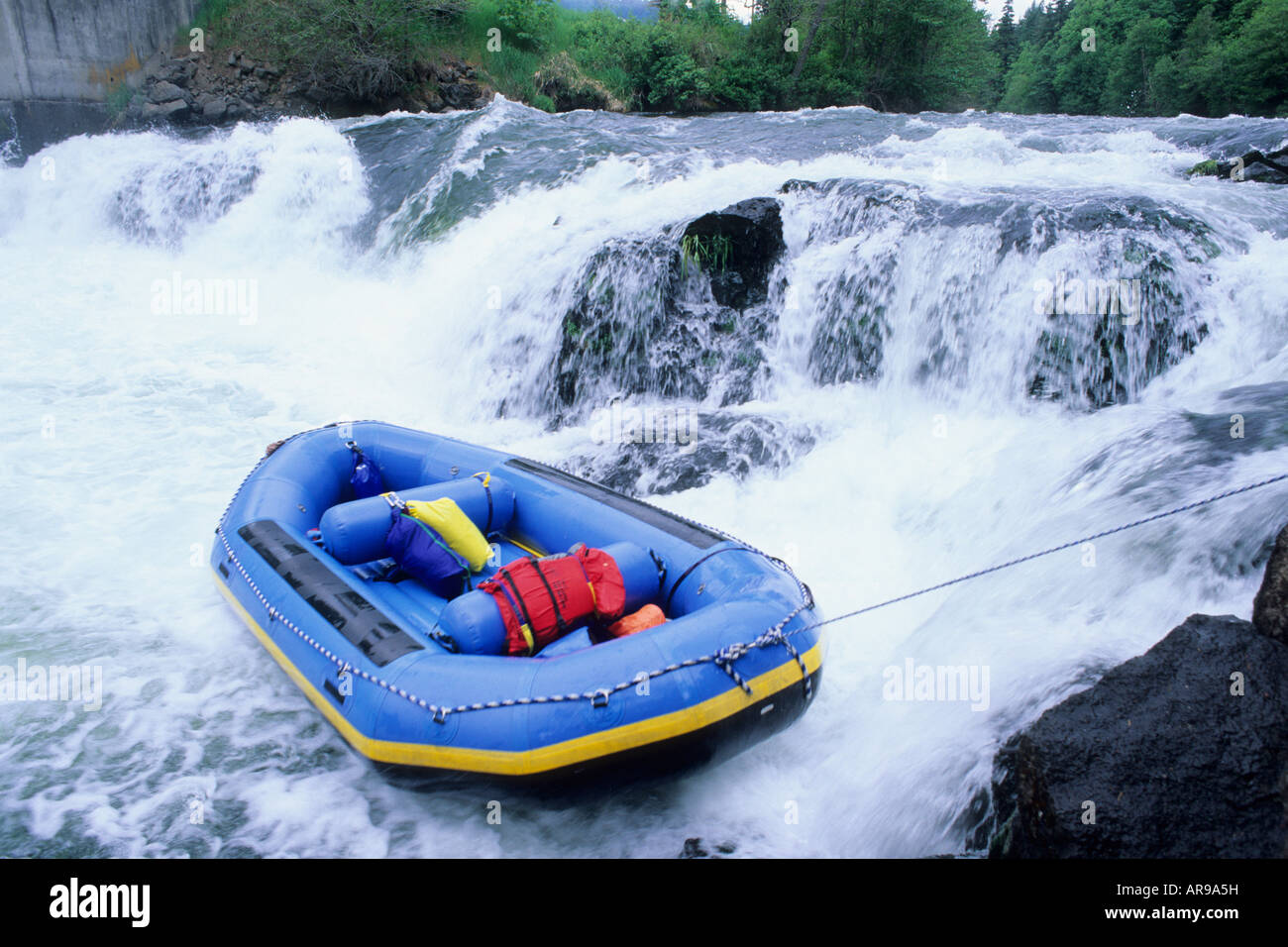 Whitewater raft being lined over Husum Falls (Class V), White Salmon ...
