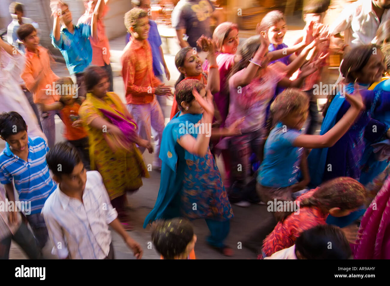 Indian people dancing and playing music during Kali festival (motion ...