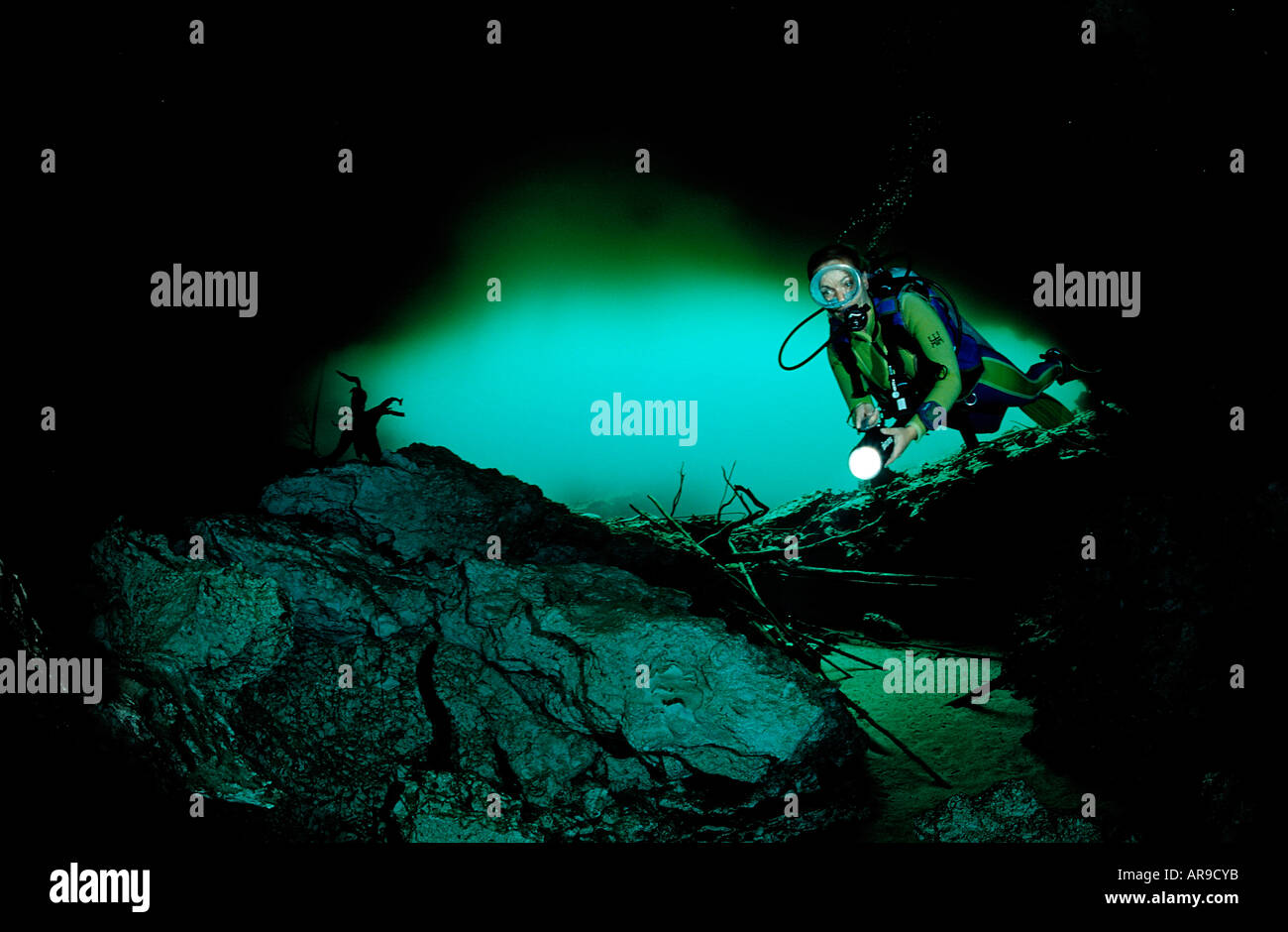 Scuba diver in underwater cave Laguna Pepe Punta Cana Freshwater ...