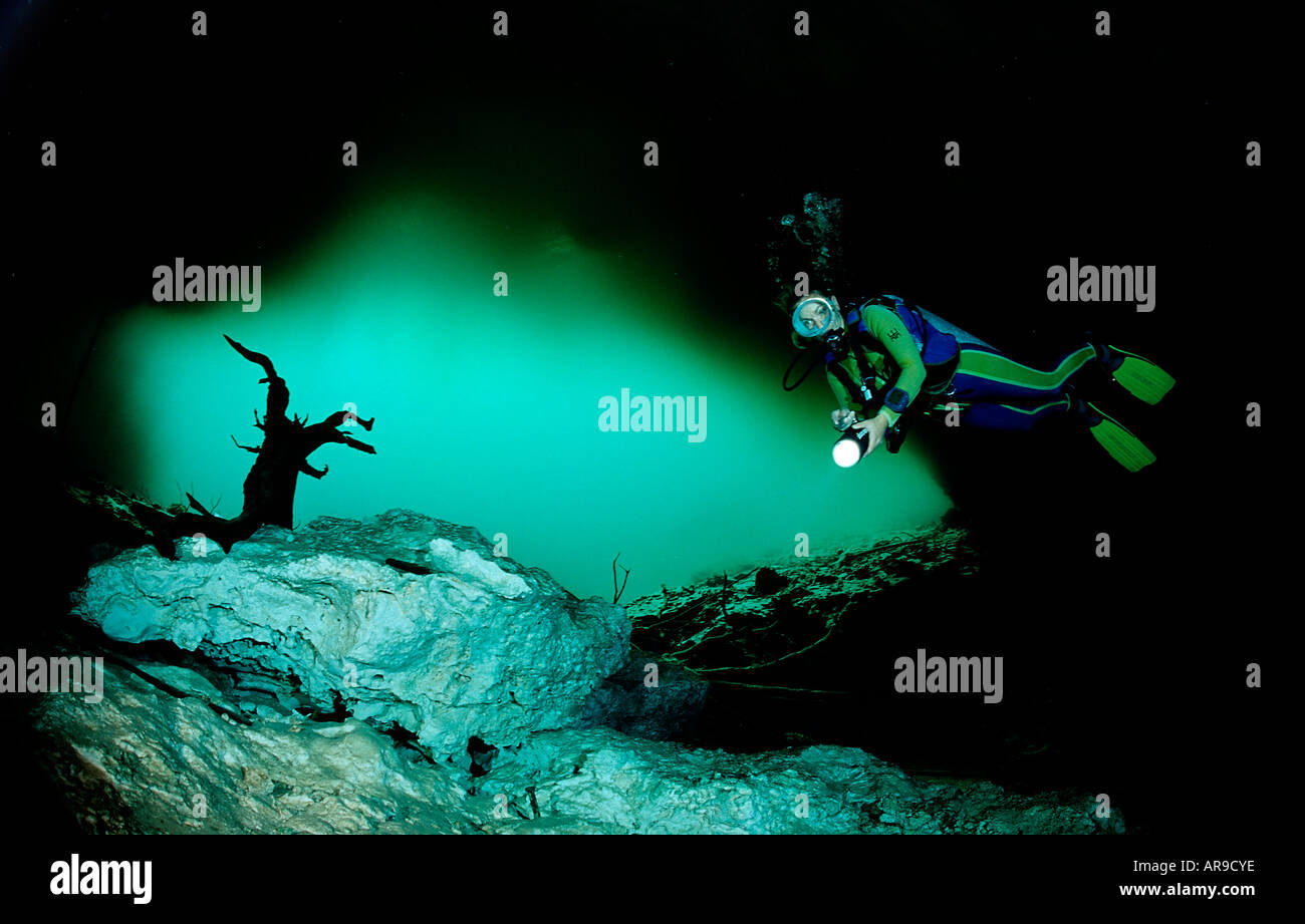 Scuba diver in underwater cave Laguna Pepe Punta Cana Freshwater ...