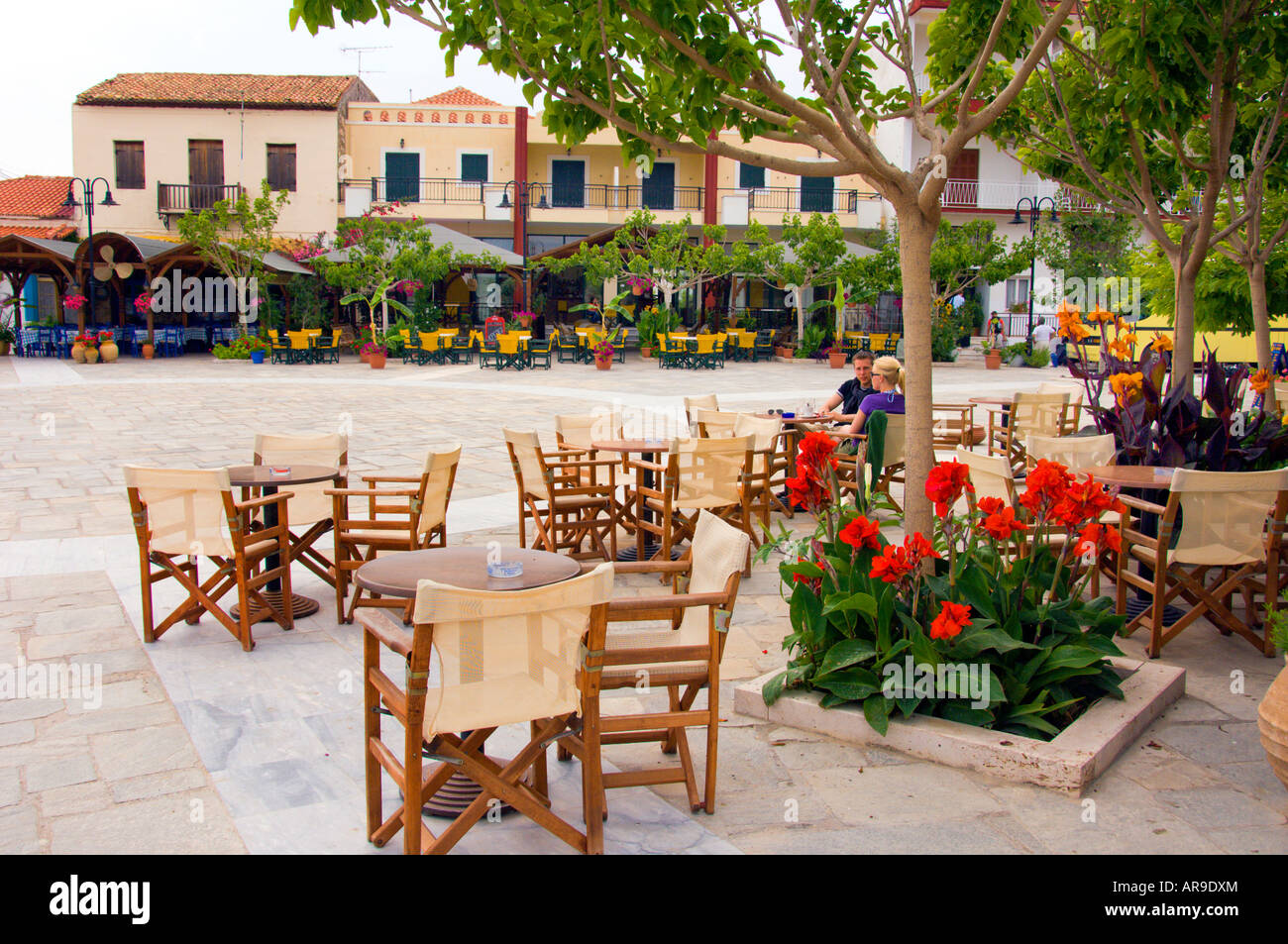 Outdoor restaurants at the town square in Methoni Messinia Peloponesse ...