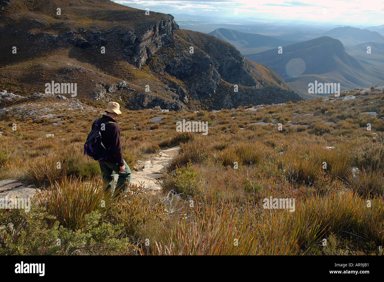 Bushwalker descending from the summit of Bluff Knoll highest peak of ...