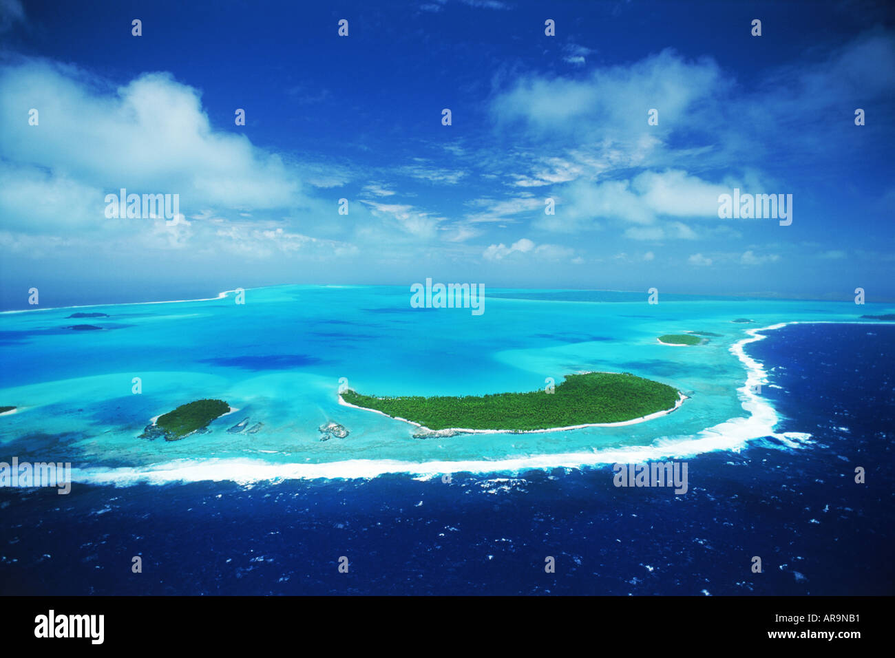 Aerial view of Aitutaki atoll and lagoon in Cook Islands South Pacific ...