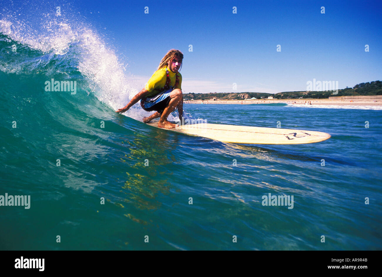 Surfing in Jersey Channel Islands Stock Photo - Alamy
