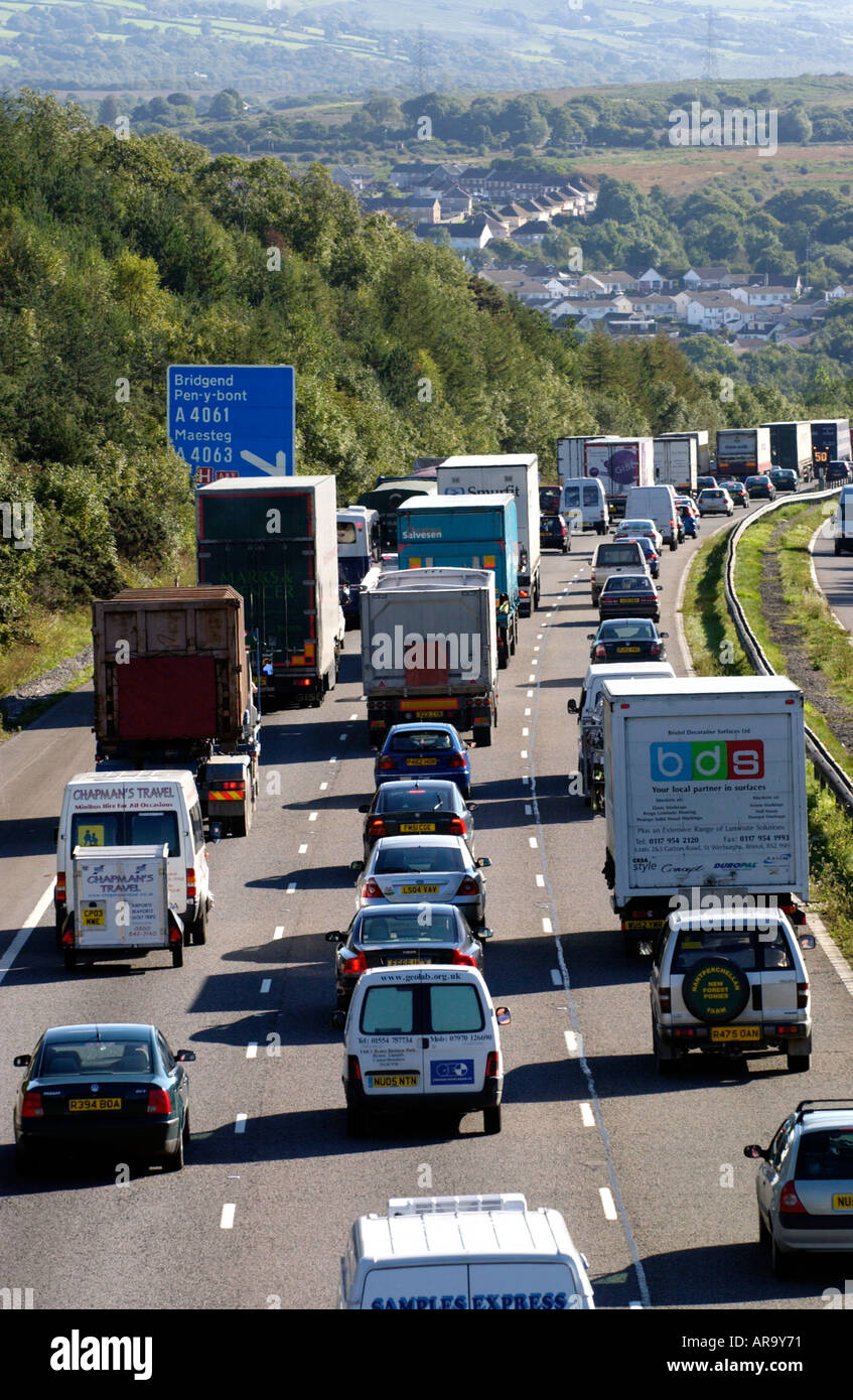 Heavy traffic slow moving on the M4 motorway in South Wales UK Stock ...