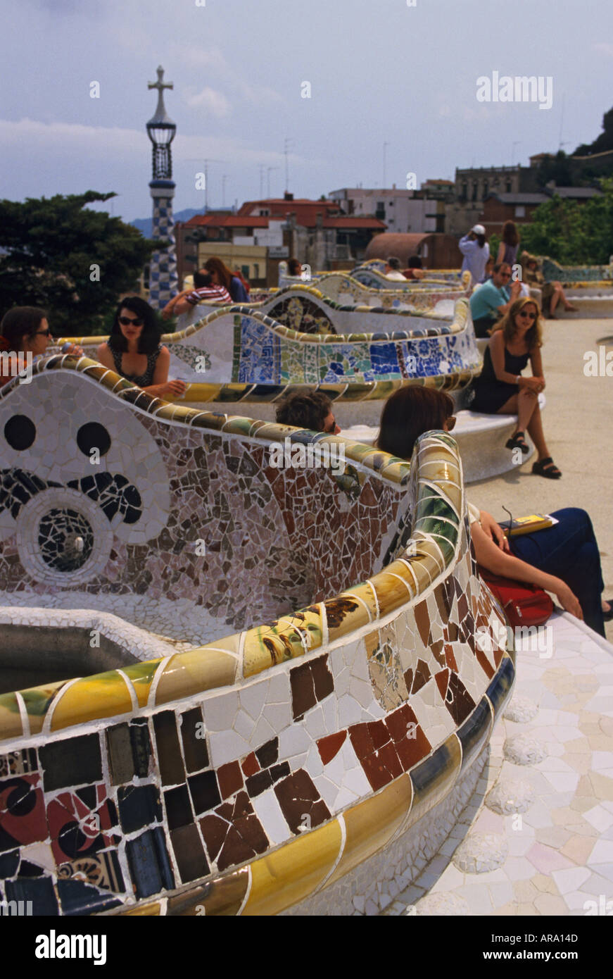Spain Catalunya Barcelona Parc Guell ceramic tile bench Stock Photo - Alamy