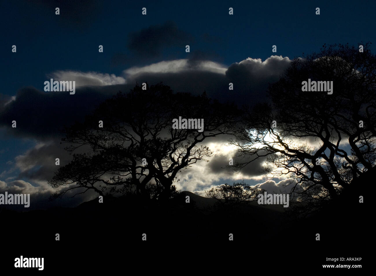 Stormy night sky as daylight fades seen in the Lake District in Cumbria ...