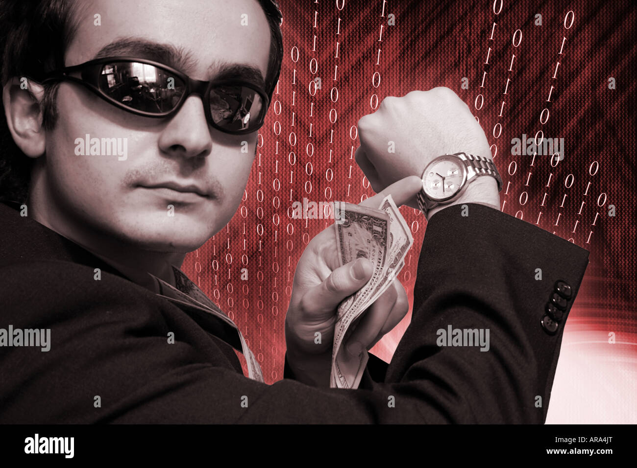 Man with sunglasses, dollars and watch. Matrix background Stock Photo ...